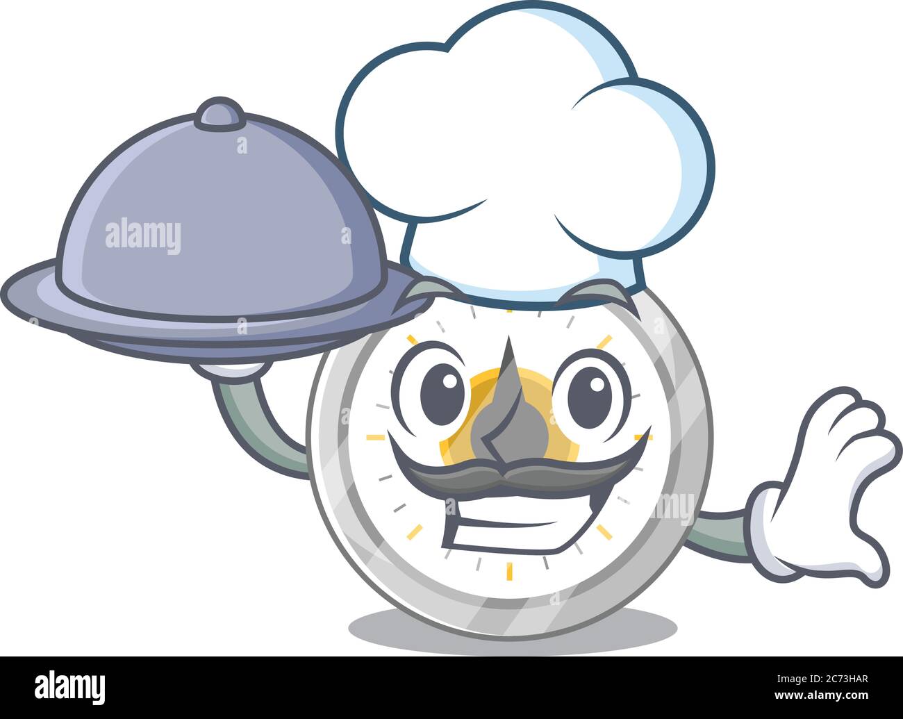 mascot character style of old kitchen timer chef serving dinner on tray ...