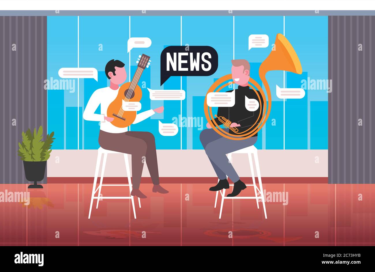 musicians couple playing musical instruments discussing daily news chat ...