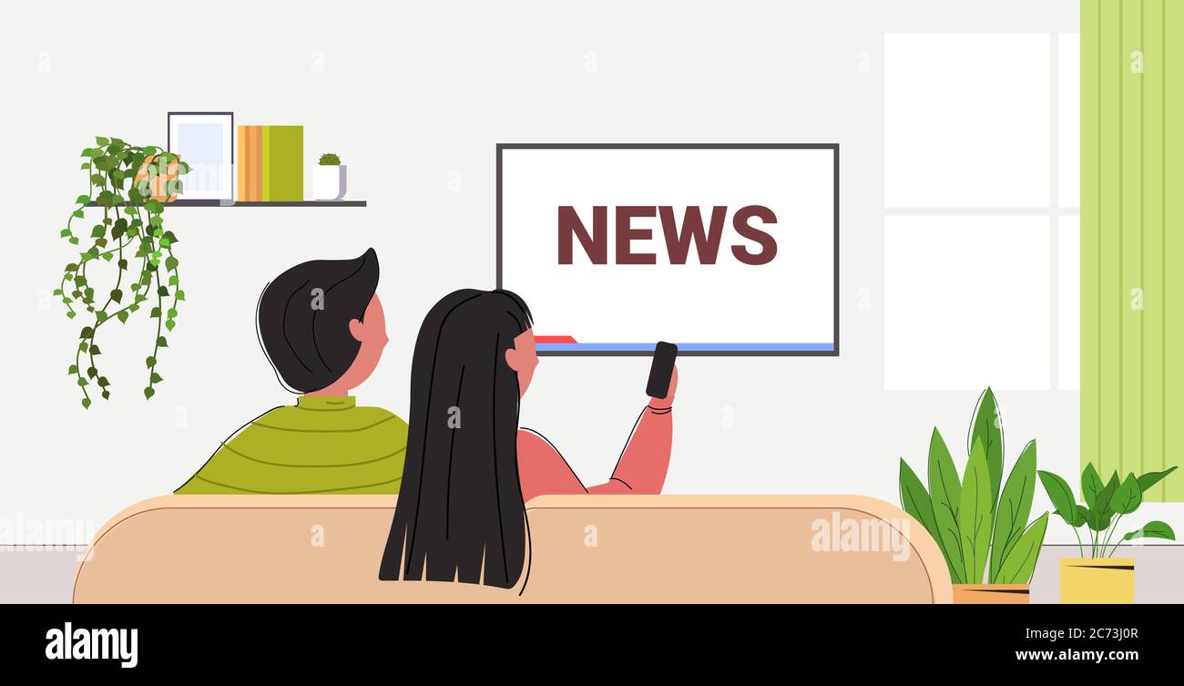 couple watching TV daily news program on television man woman sitting ...