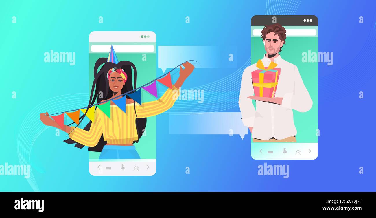 couple celebrating online party friends having virtual fun celebration ...