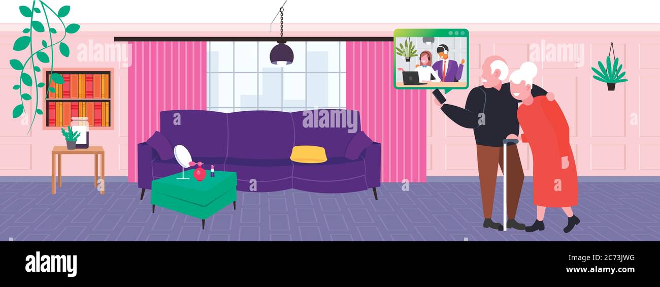 senior parents having video conference with children happy family ...