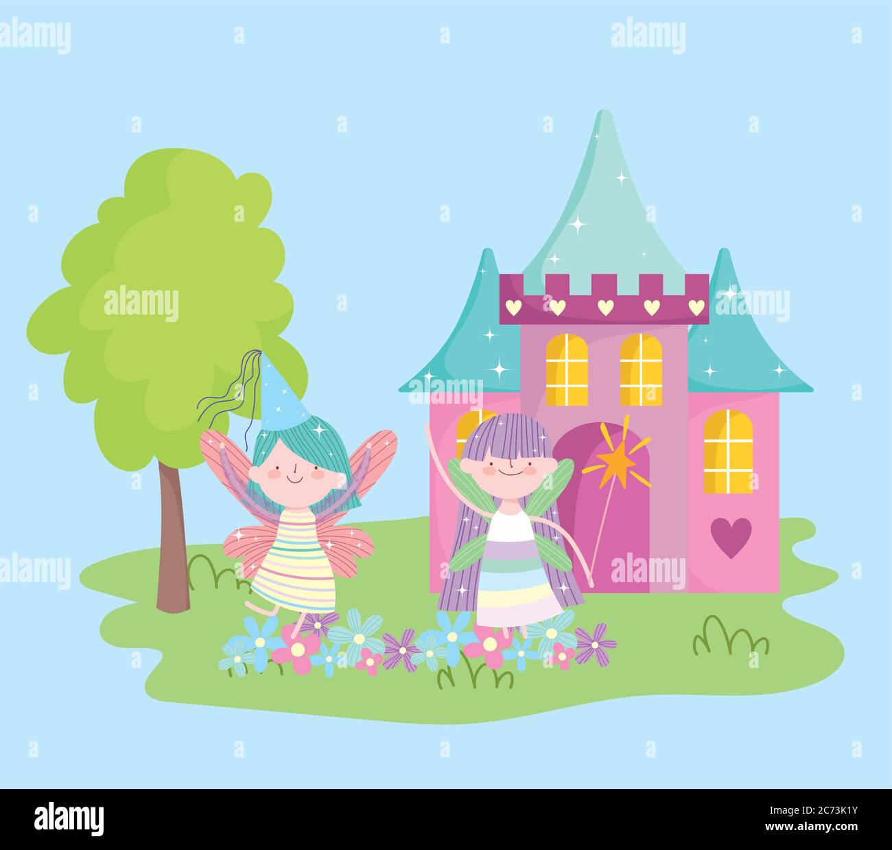 little winged fairies princess with castle flowers tale cartoon vector ...