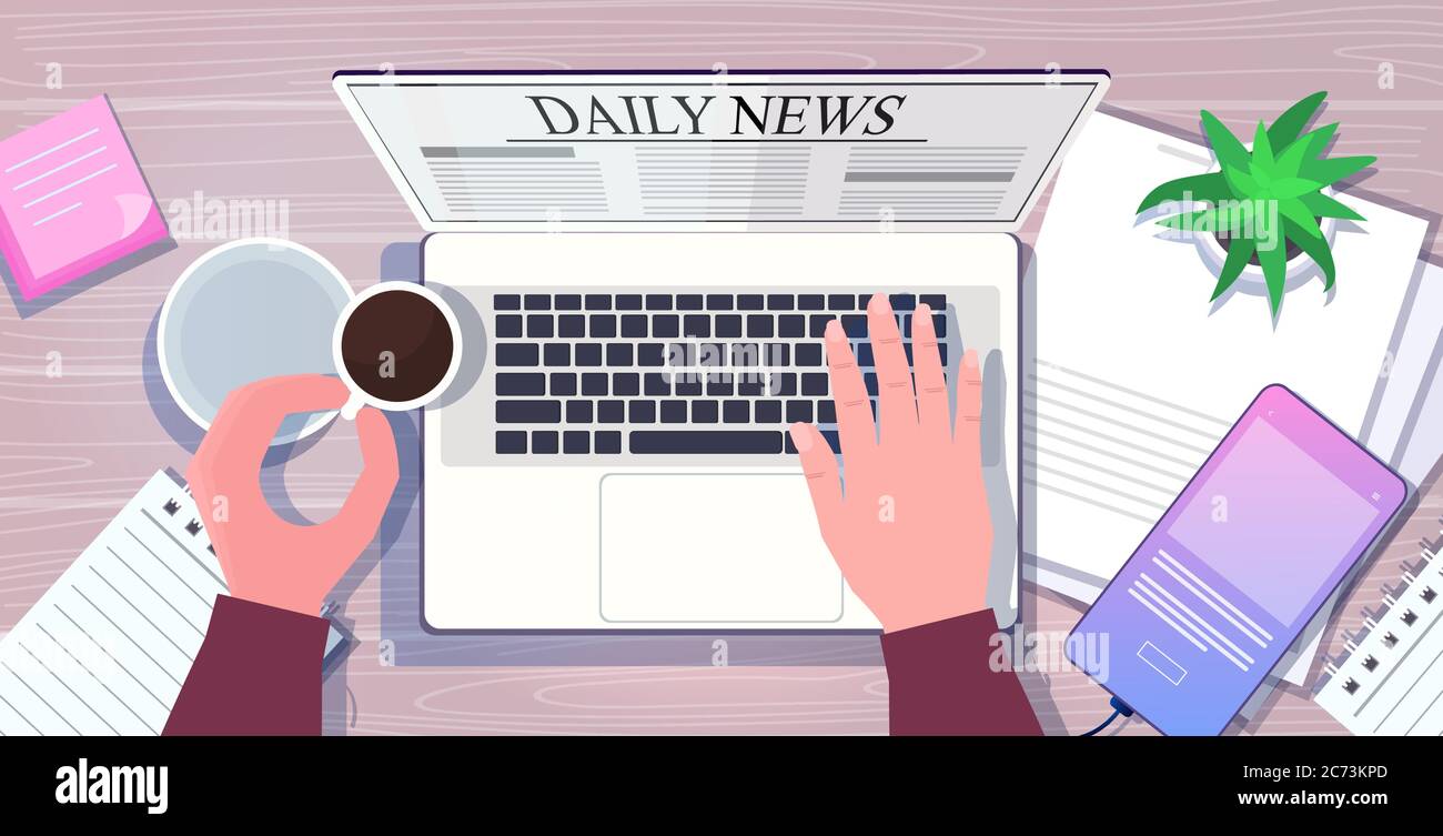 businessperson reading daily news articles on laptop screen online newspaper press mass media ...