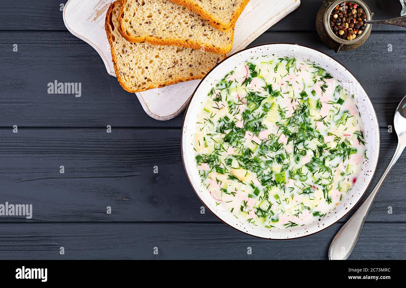 Russian traditional cold soup okroshka. Summer cold soup with yogurt ...