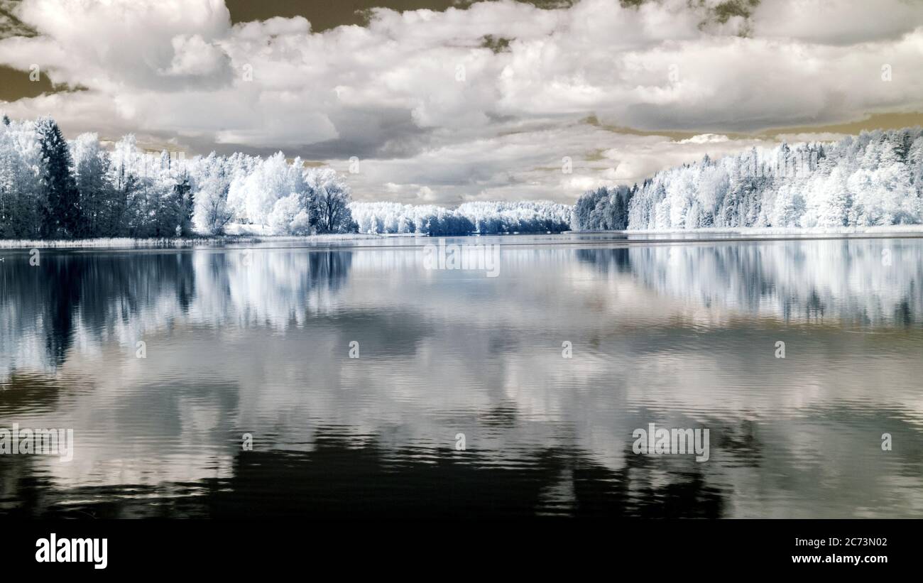 infrared surreal landscape, lake with sky reflections, infrared photo ...
