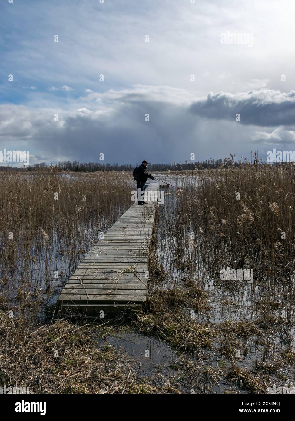 landscape with a human figure on a wooden pedestrian footbridge in a ...