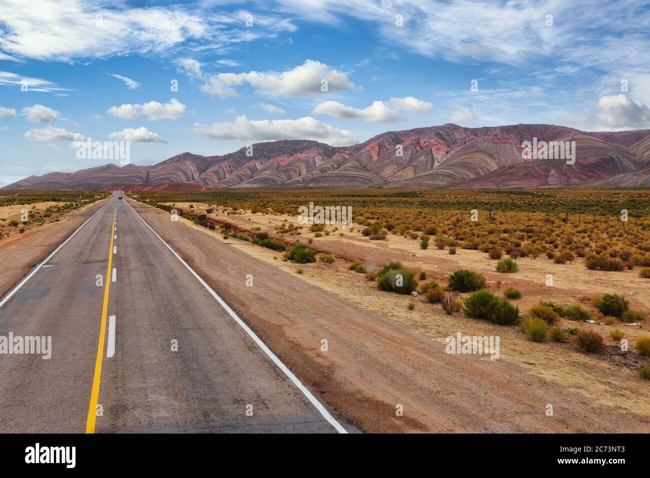 Cinematic road landscape. Humahuaca valley, Altiplano, Argentina. Misty ...