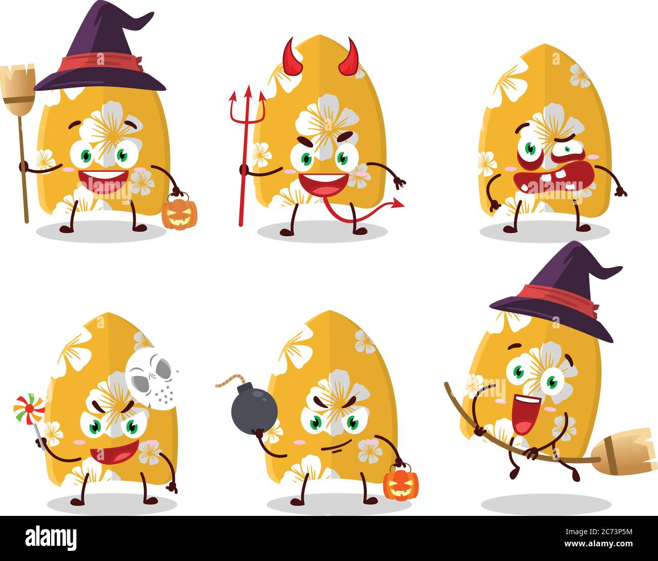 Halloween expression emoticons with cartoon character of surfing board ...