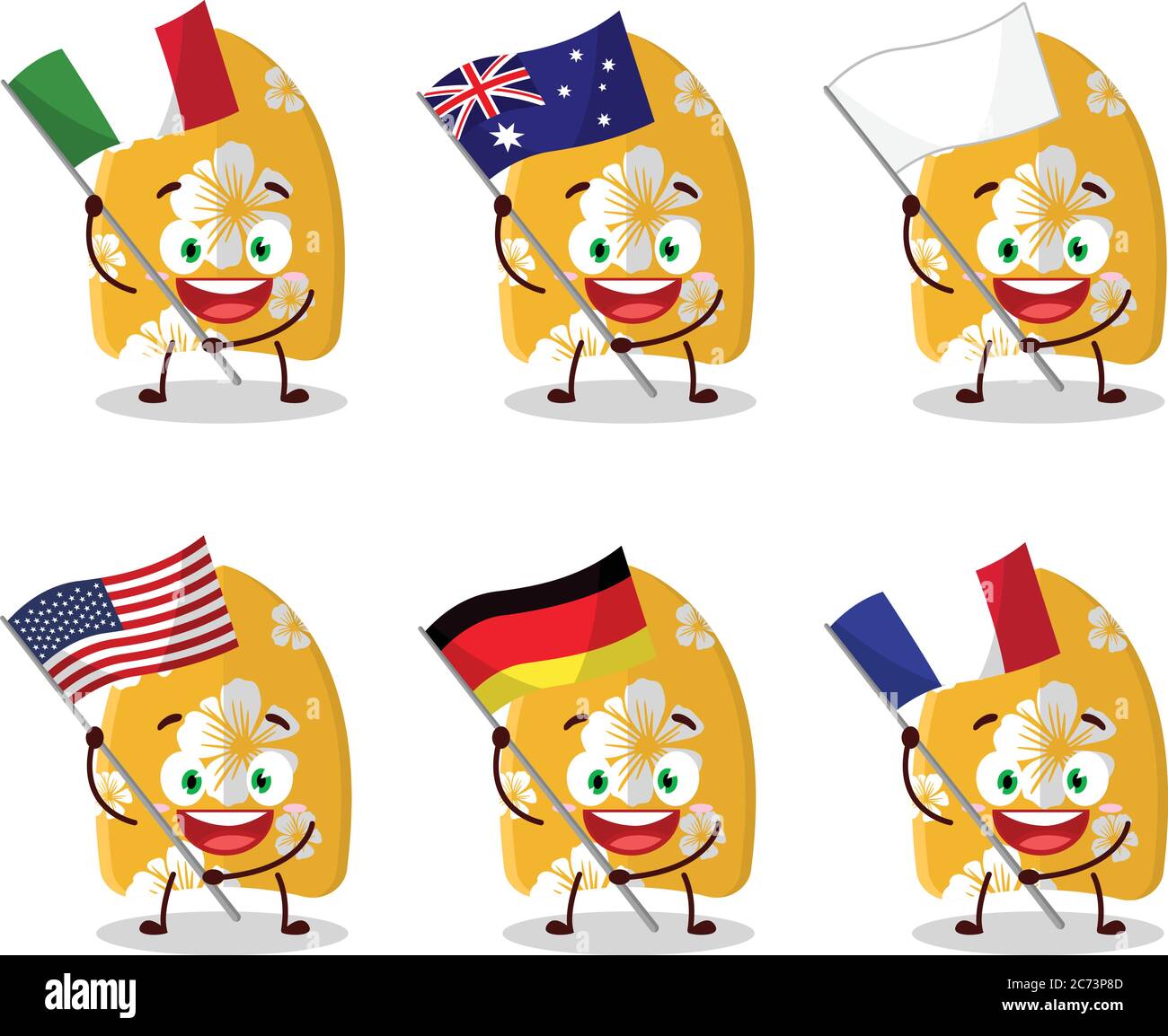Surfing board cartoon character bring the flags of various countries ...