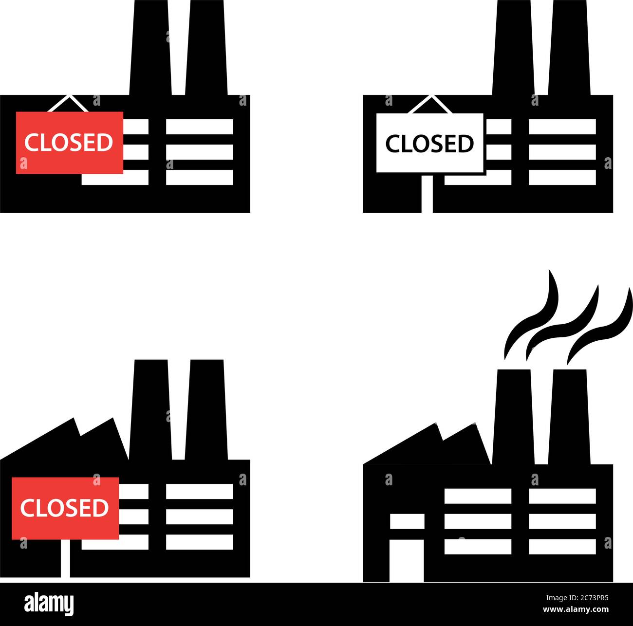 Industrial building factory or company icon with red poster closed and ...