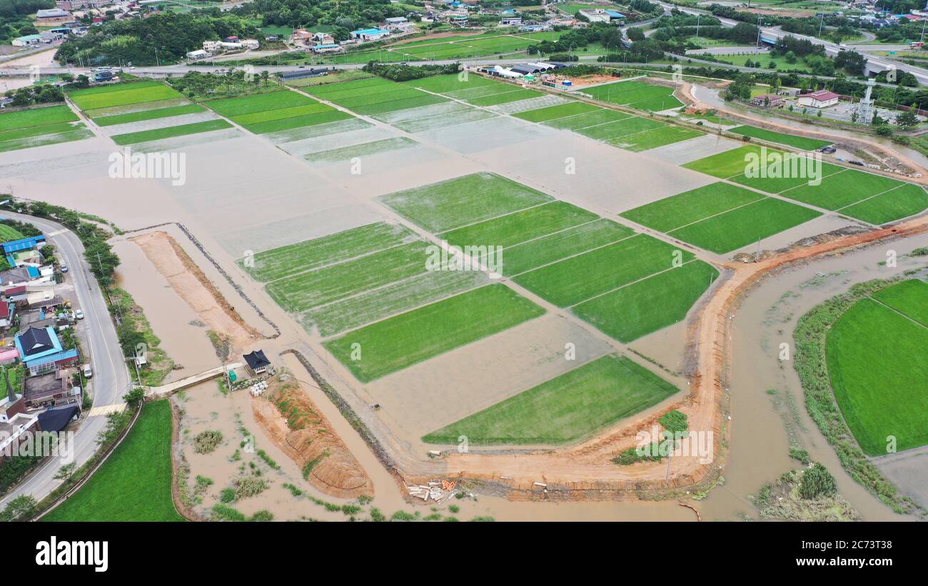 14th July, 2020. Submerged farmland Farmland in Muan, 385 kilometers ...