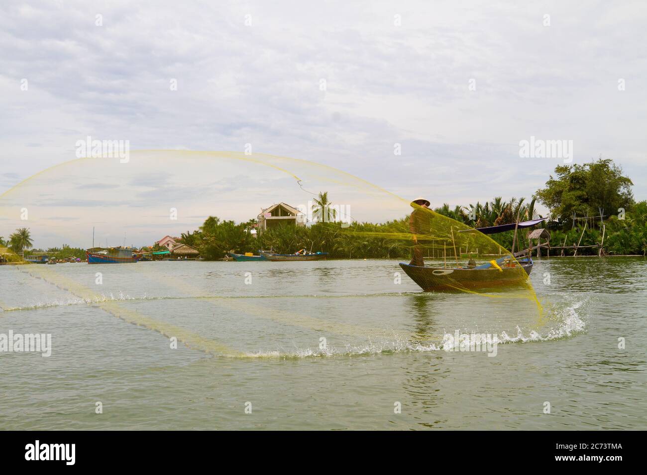 Fishing net on wooden boat in the river, Bay Mau coconut forest ...