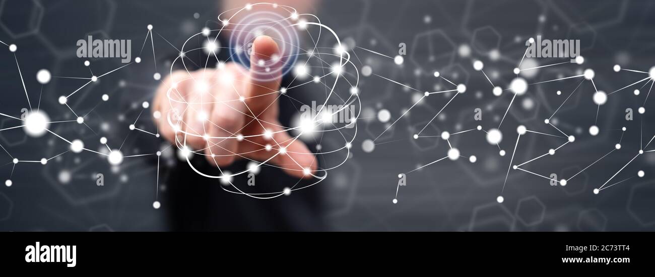 Man touching a global connection concept on a touch screen with his ...