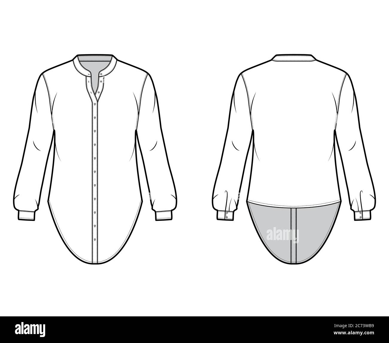 Shirt technical fashion illustration with curved mandarin stand collar ...
