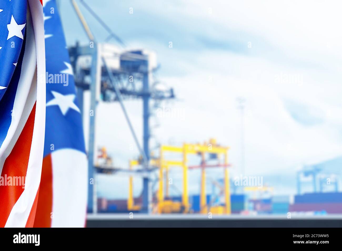 American flag with a seaport background. Happy Labor Day Stock Photo ...