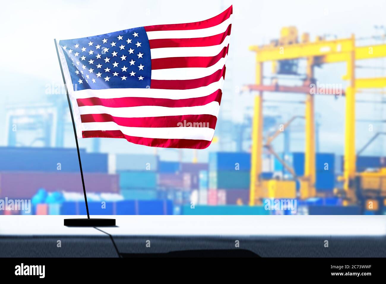 American flag with a seaport background. Happy Labor Day Stock Photo ...