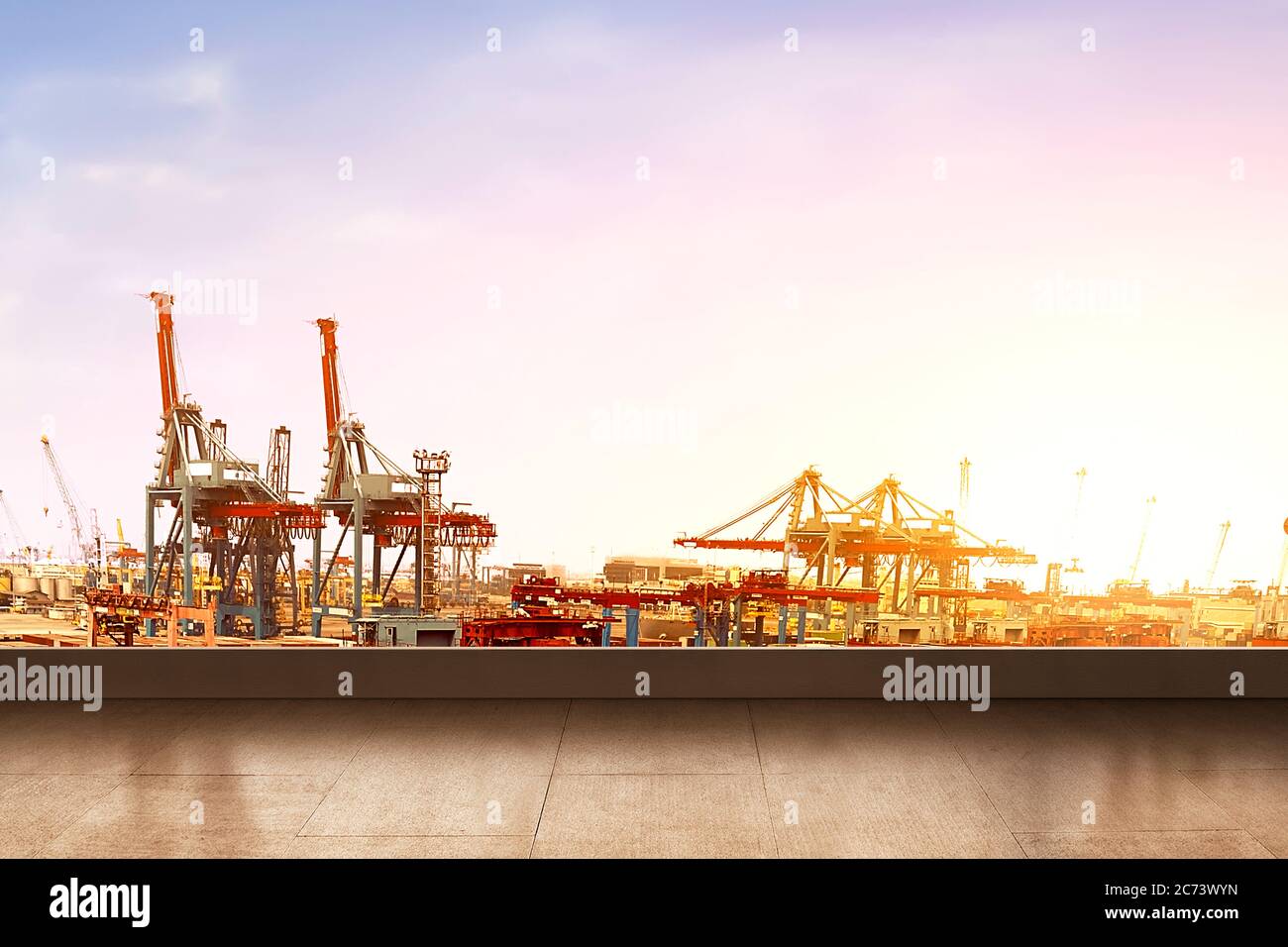 Office terrace with a seaport view with a sunset sky background Stock ...
