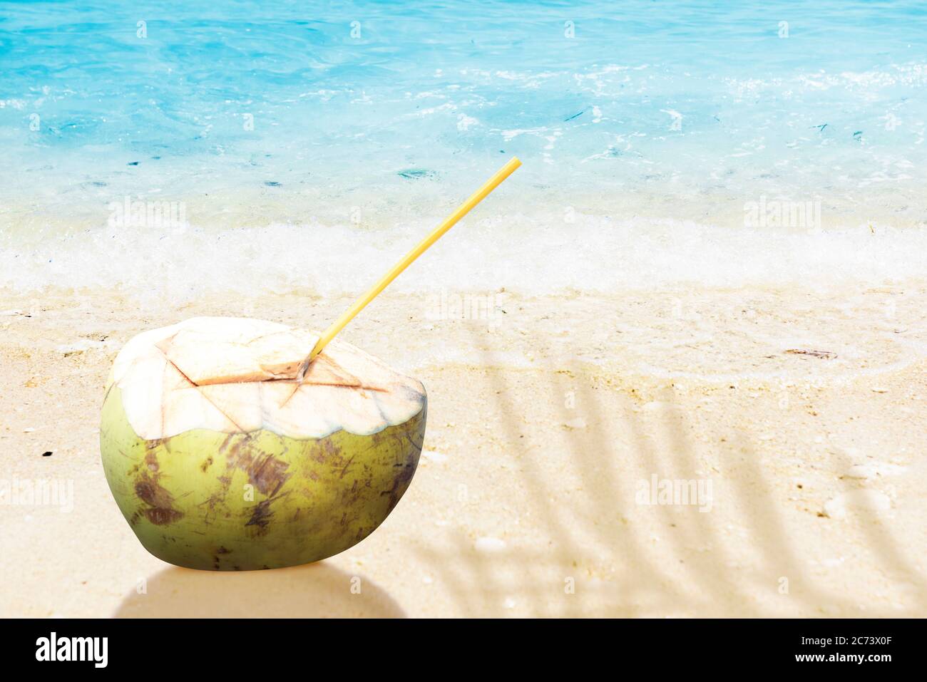 Coconut fruit on the beach with ocean view background Stock Photo - Alamy