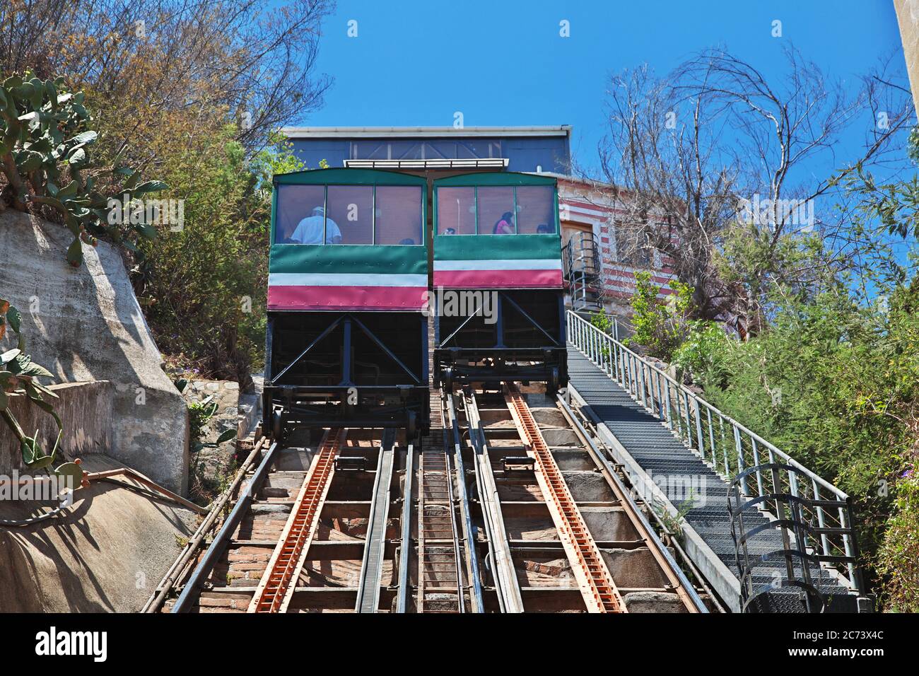 The vintage funicular in Valparaiso, Pacific coast, Chile Stock Photo ...