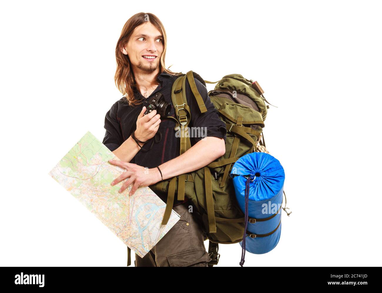 Man tourist backpacker taking photo picture with camera. Young guy ...