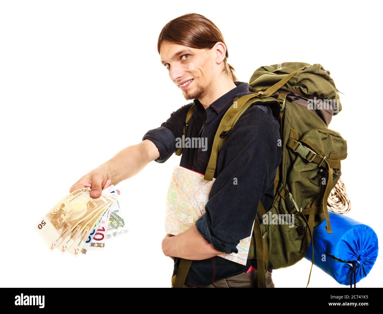 Man tourist backpacker paying with euro money holding map. Young guy ...