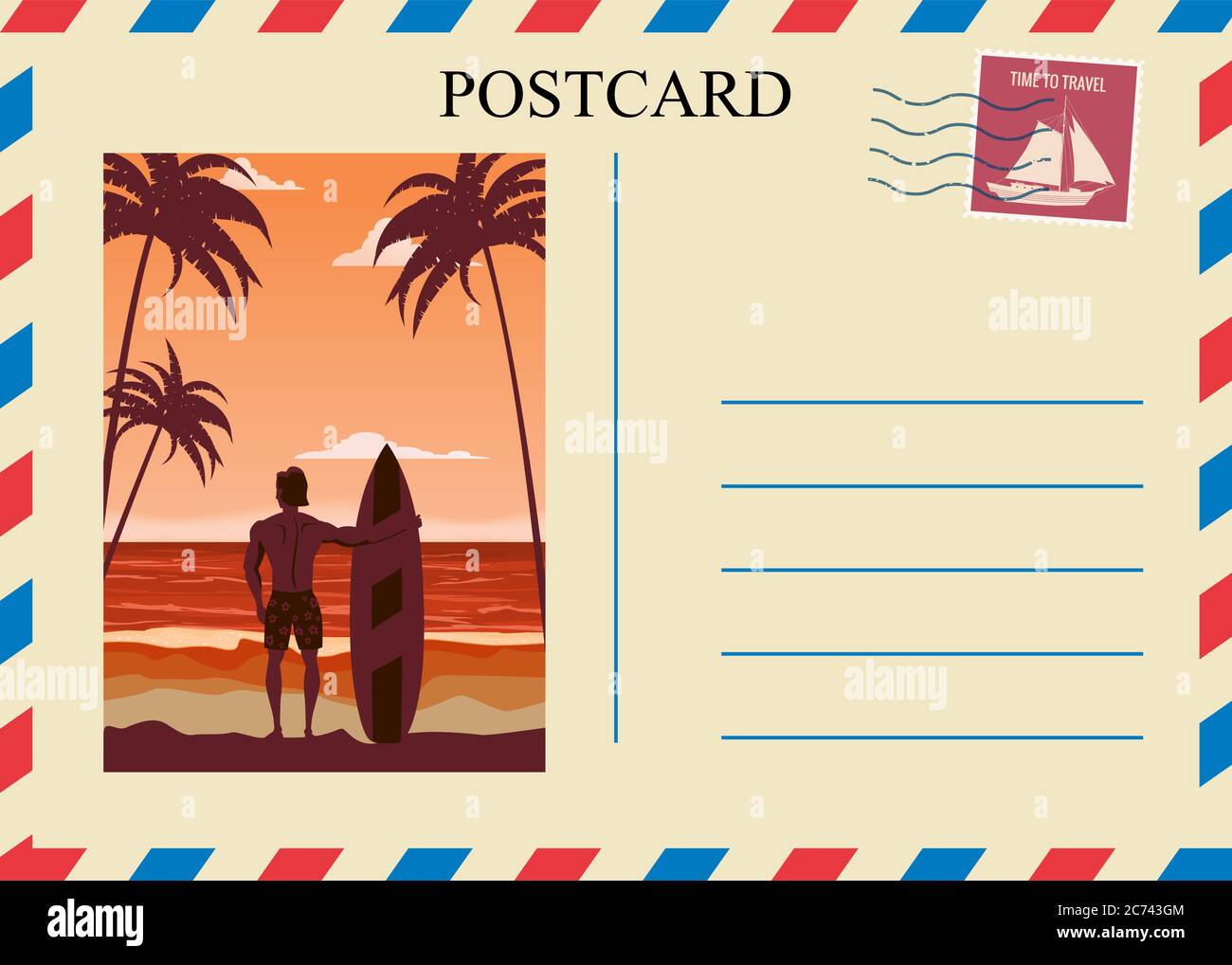 Postacrd summer vintage surfer beach ocean. Vacation travel design card ...