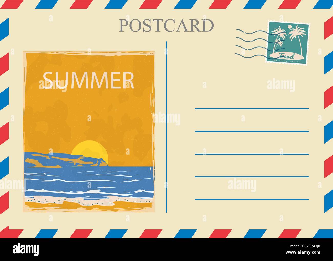 Postacrd summer vintage sunset ocean. Vacation travel design card with ...