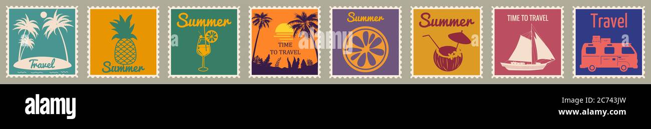 Set Postage stamp summer vacation Sunset Ice Cream Yacht Van Sailboat ...