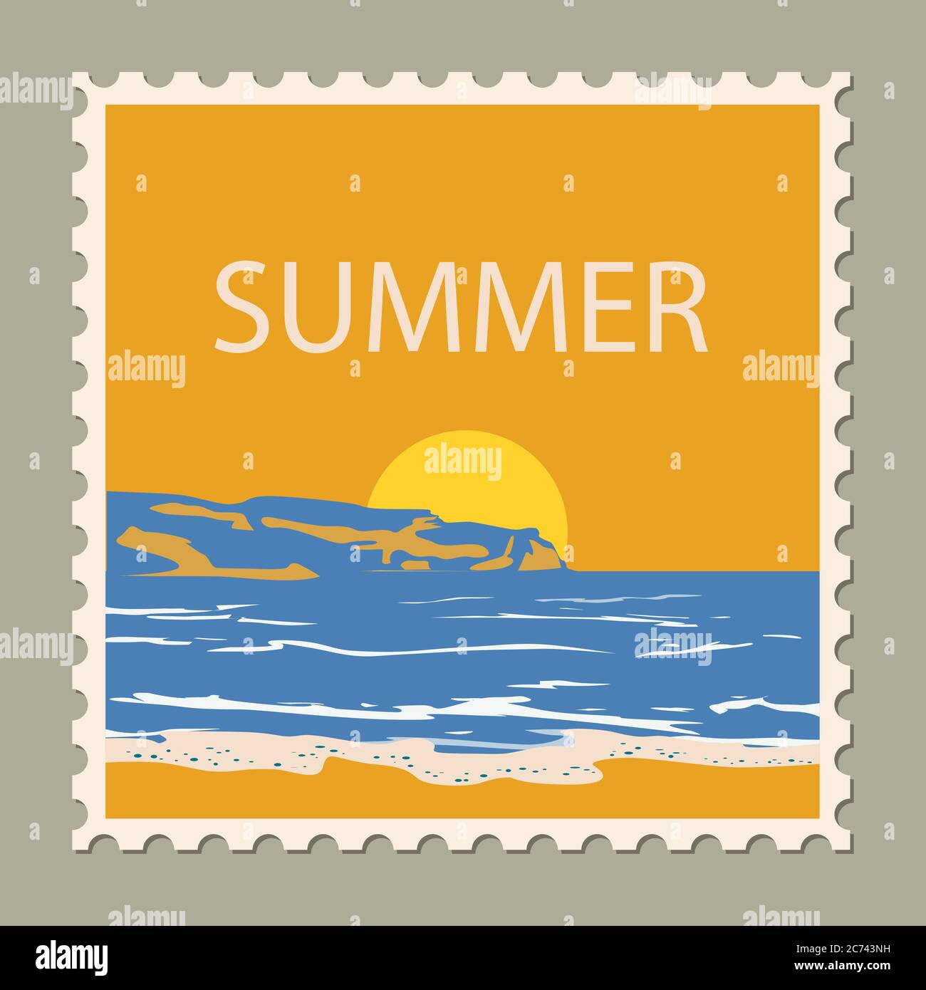 Postage stamp summer vacation Sunset ocean sea. Retro vintage design ...