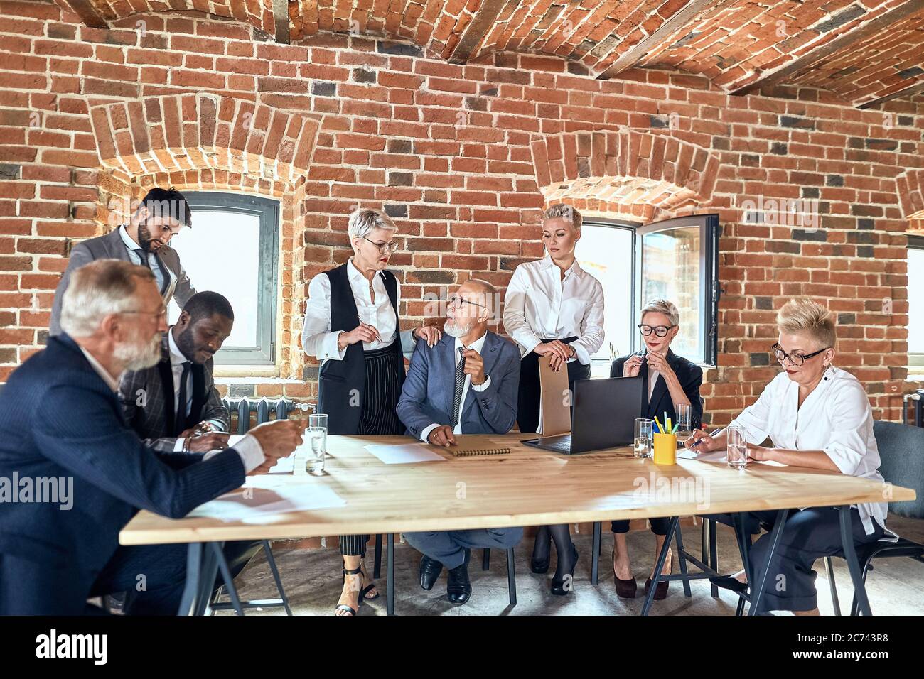 Head of department caucasian blonde man wear blue stylish suit came to ...