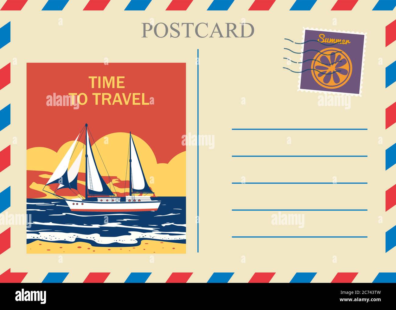 Postacrd summer vintage Sailboat ocean. Vacation travel design card ...