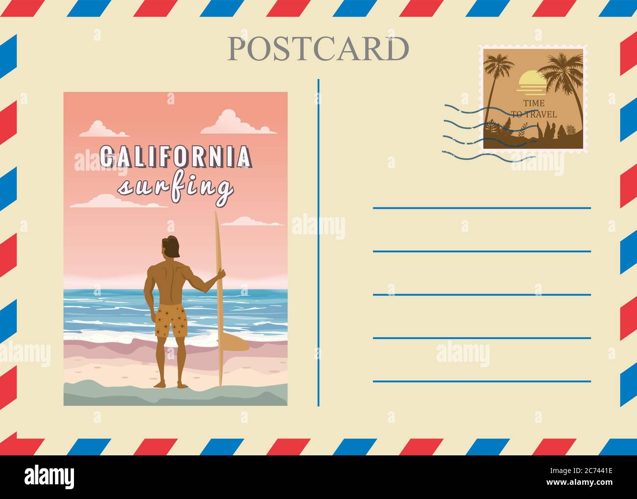 Postacrd summer vintage surfer beach ocean. Vacation travel design card ...