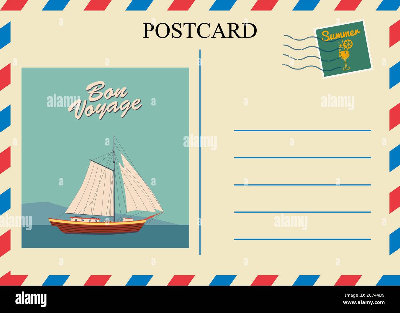 Postacrd summer vintage Sailboat ocean. Vacation travel design card ...