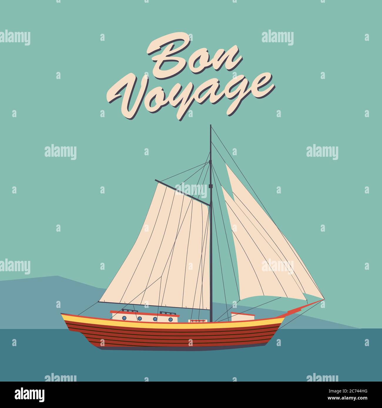 Sailing ship banner retro vintage with text Bon Voyage. Nautical ocean ...