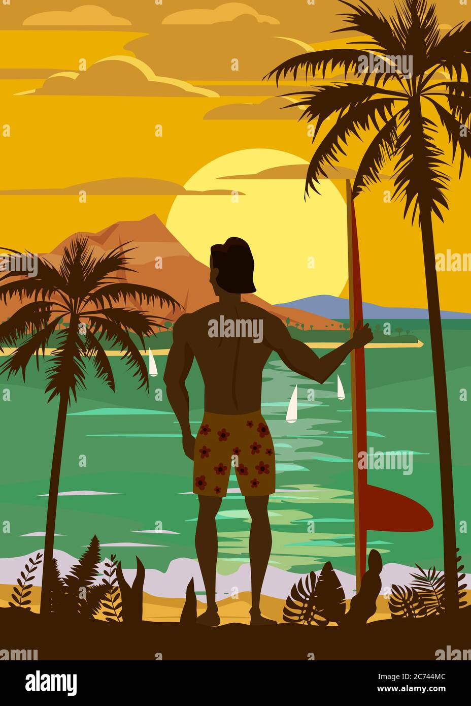 Surfer standing with surfboard on the tropical beach back view. Hawaii ...