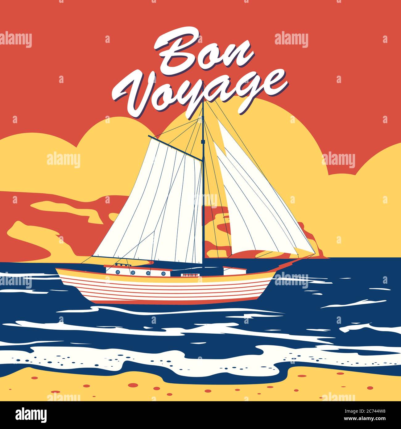 Sailing ship banner retro vintage pop art with text Bon Voyage ...