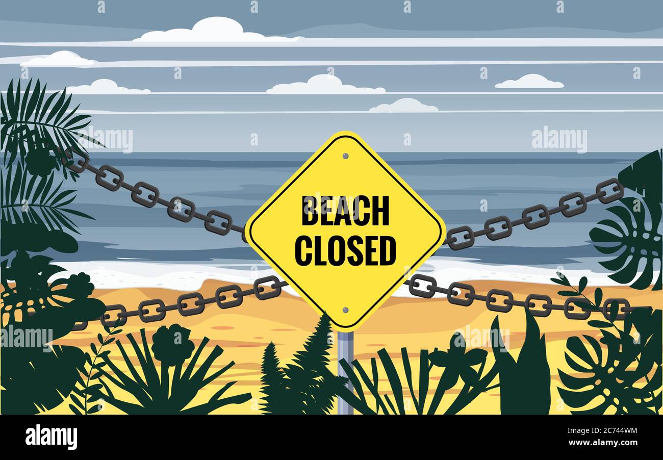 Beach Closed sign chain. Entrance on the beach is closed. Summertime ...