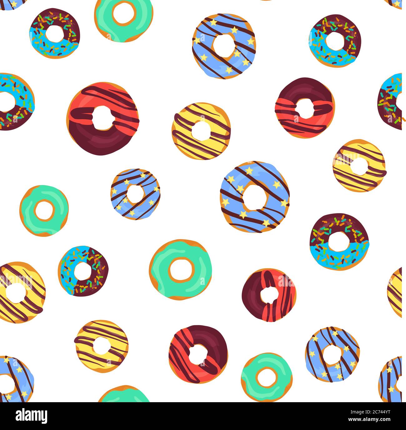 Vector funny seamless pattern with chocolate donuts, sprinkles donuts and colorful glaze donuts ...