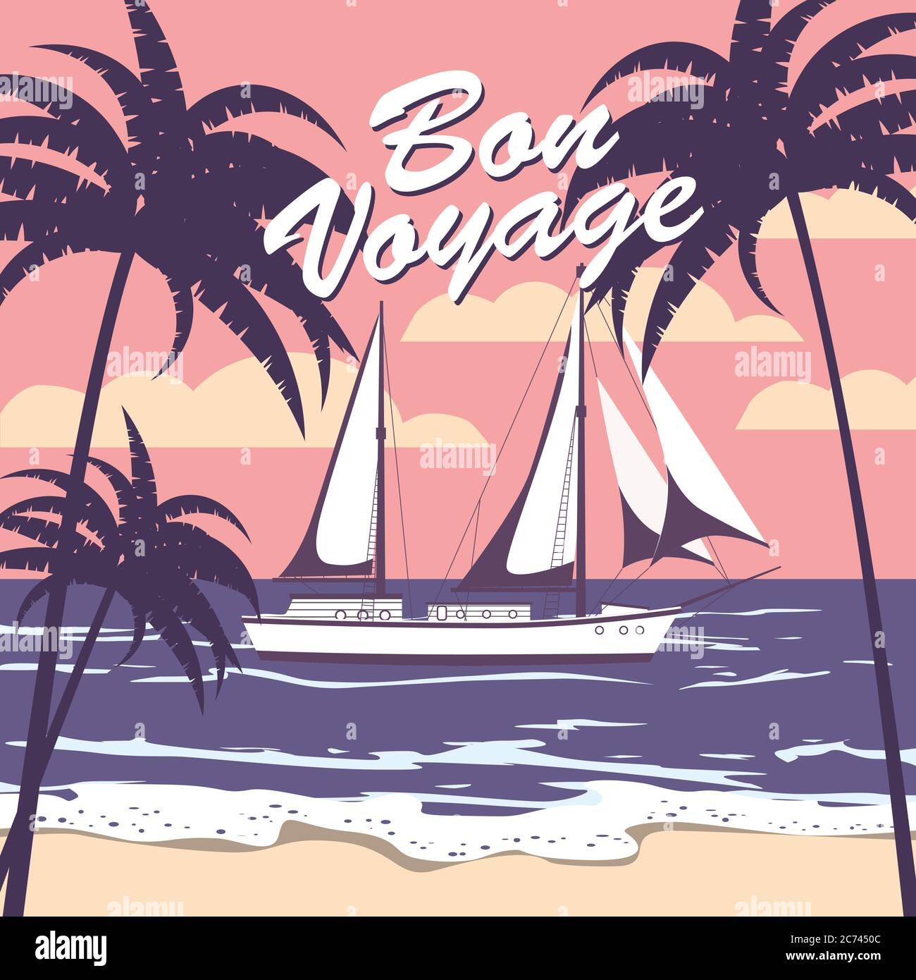 Sailing ship banner retro vintage with text Bon Voyage tropical palm ...
