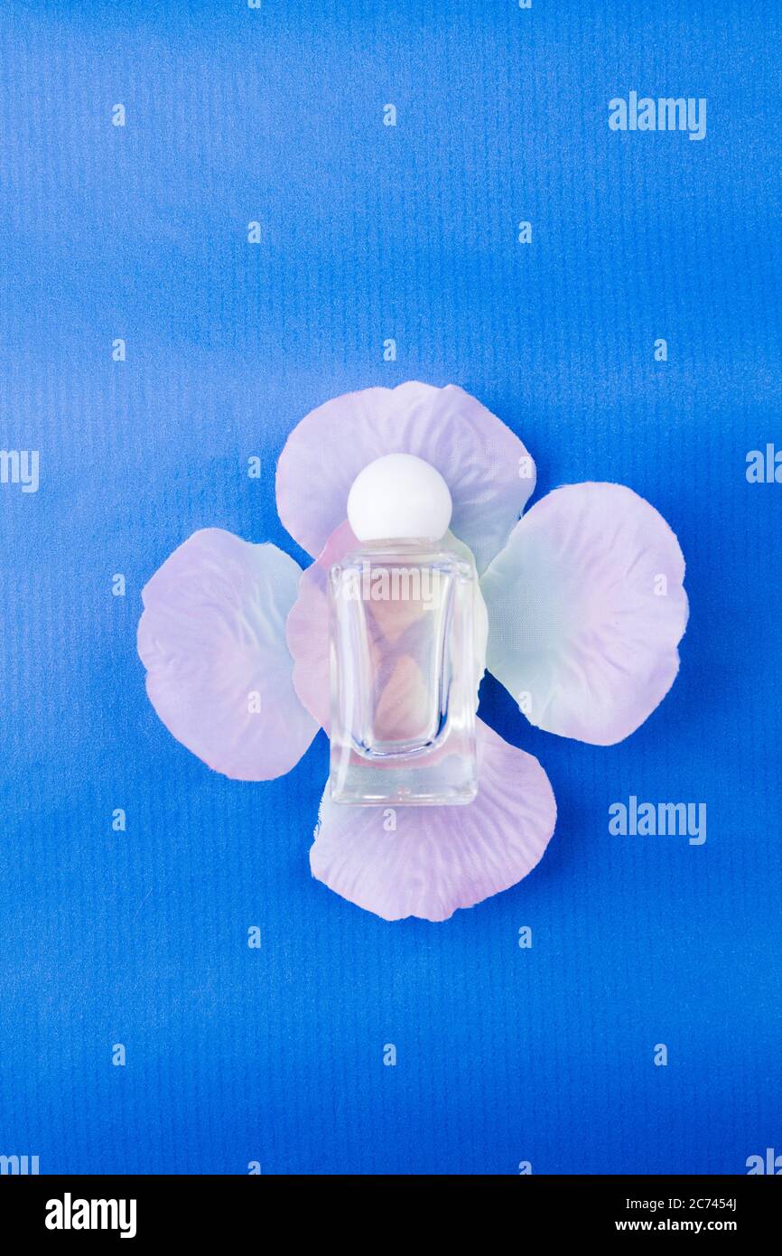 Composition of small bottle of perfume and flower petals Stock Photo ...
