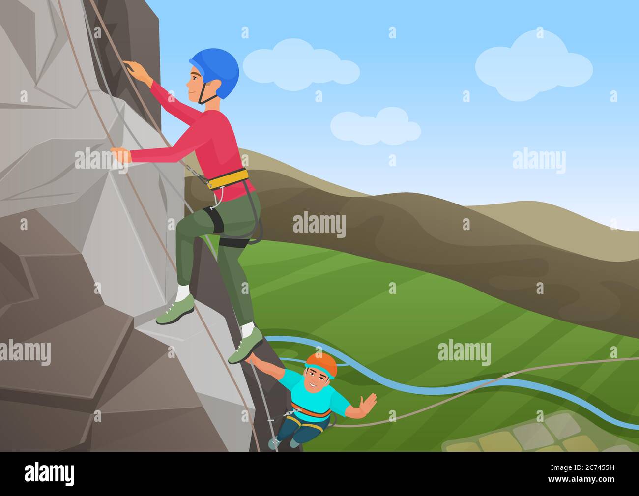 Vector illustration of frome above two men with professional equipment ...