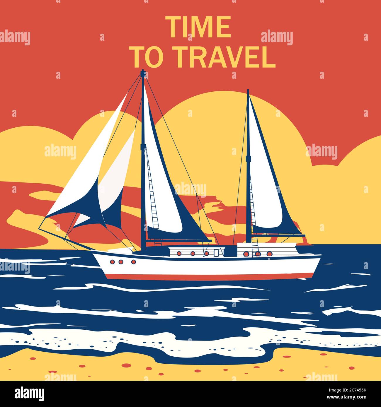 Sailing ship banner retro vintage pop art with text Time To Travel ...