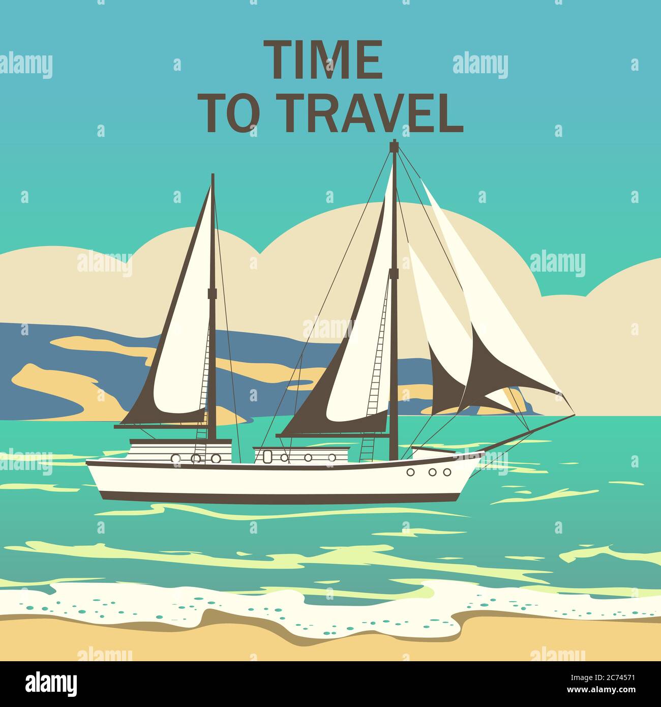 Sailing ship banner retro vintage with text Time To Travel. Nautical ...