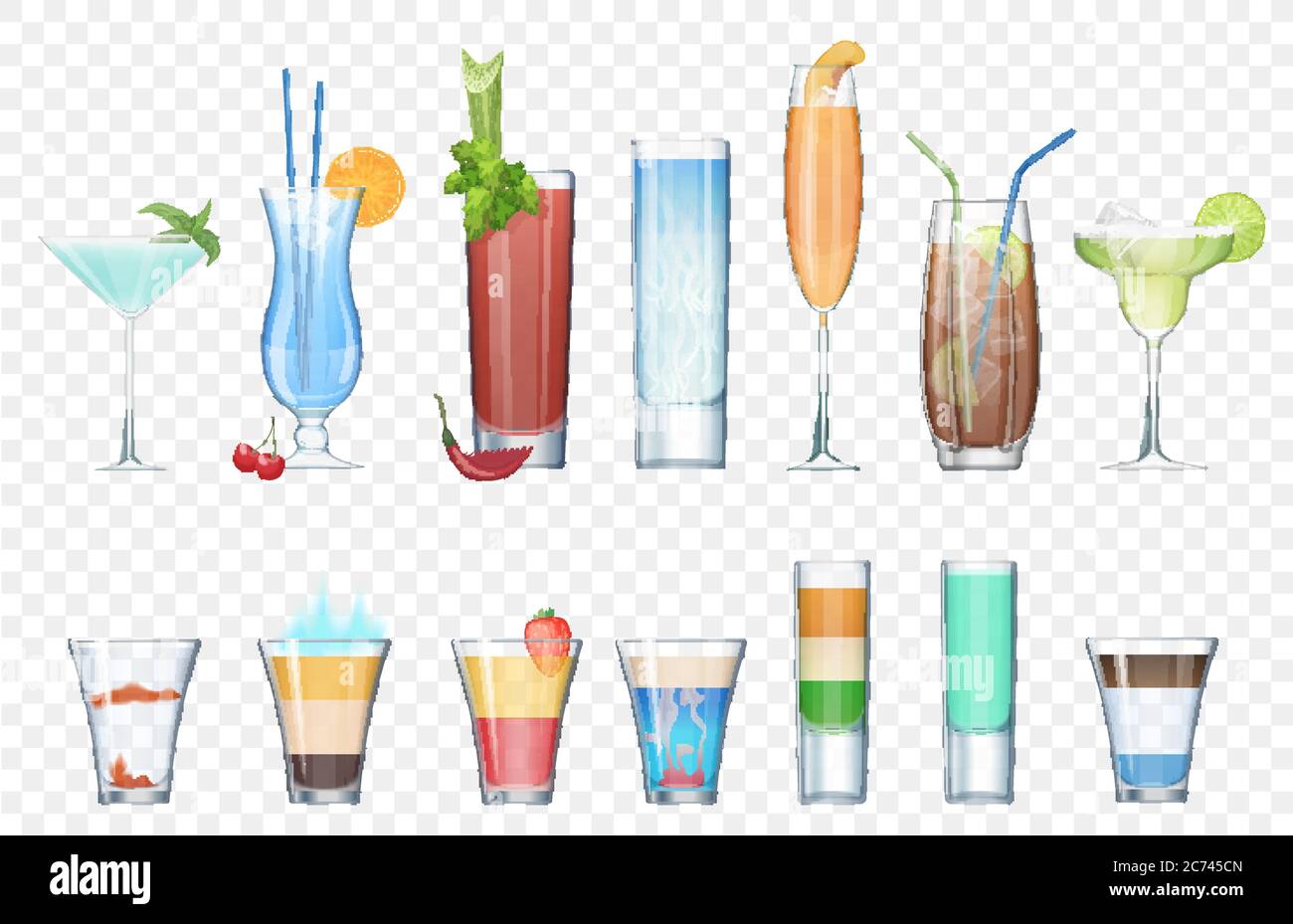 Vector Set of realistic alcoholic cocktails isolated on the alpha ...