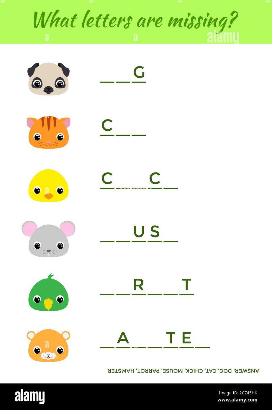 Matching educational game for children with cute animals. Write missing ...