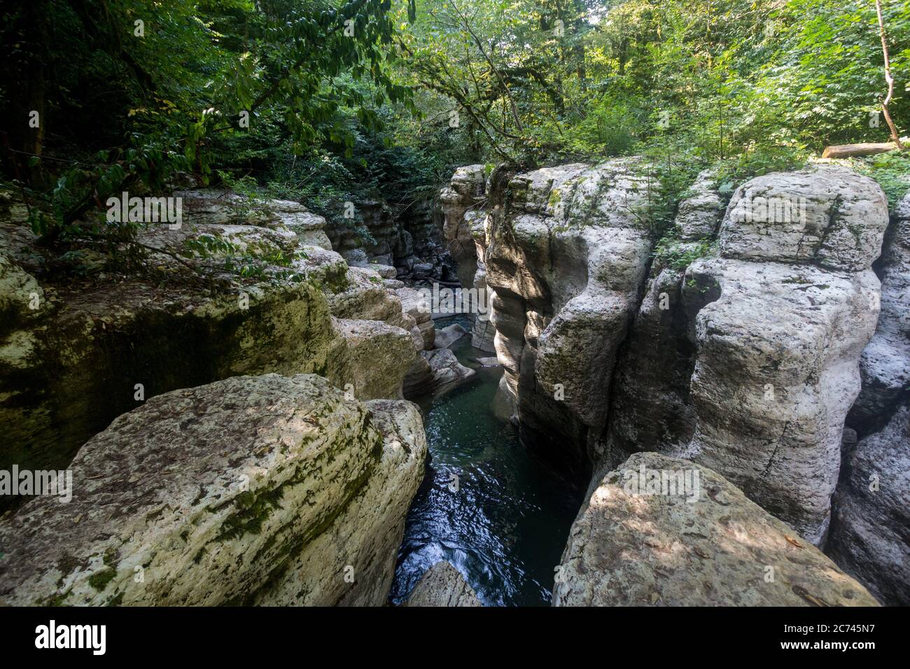 Mountain river flows into the gorge in summer Stock Photo - Alamy