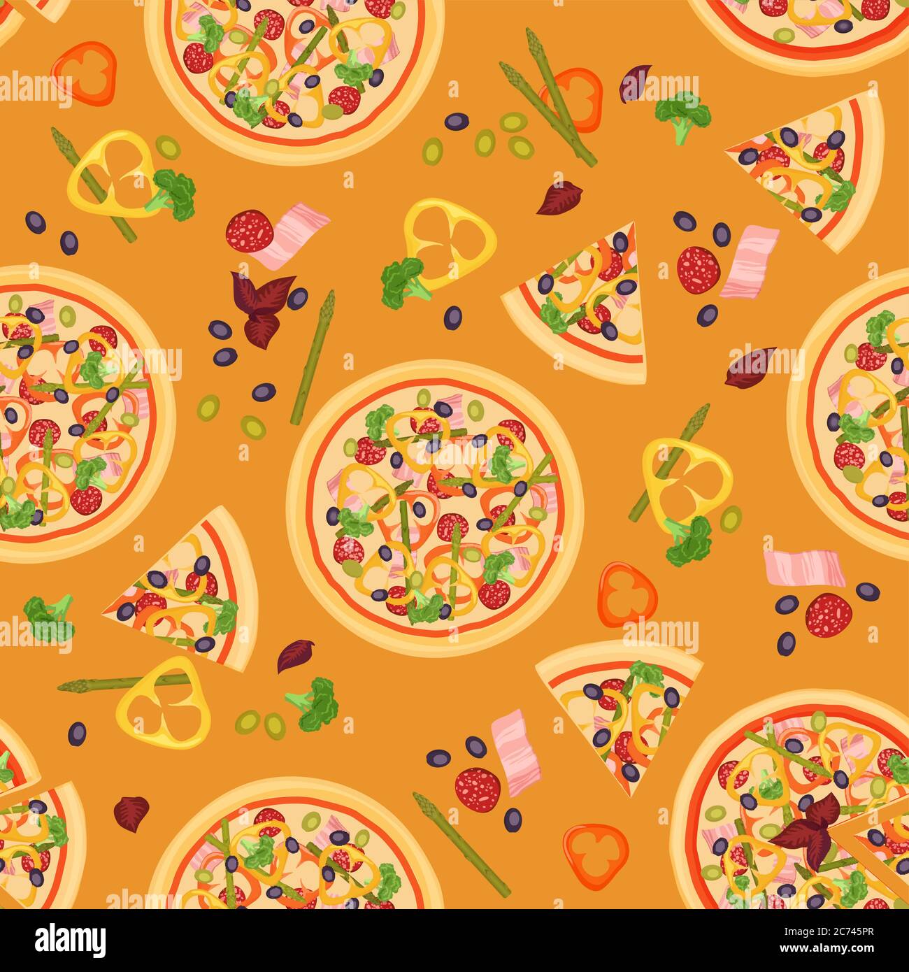 Vector Seamless texture of Pizza Slices with various ingredients Stock ...