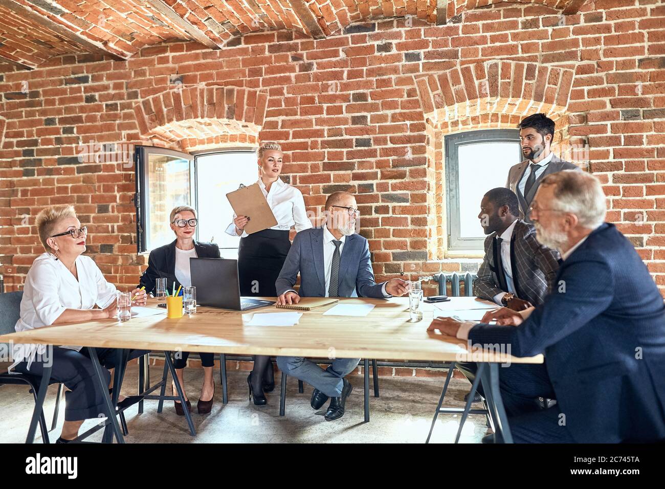 Head of department caucasian blonde man wear stylish suit came to help ...