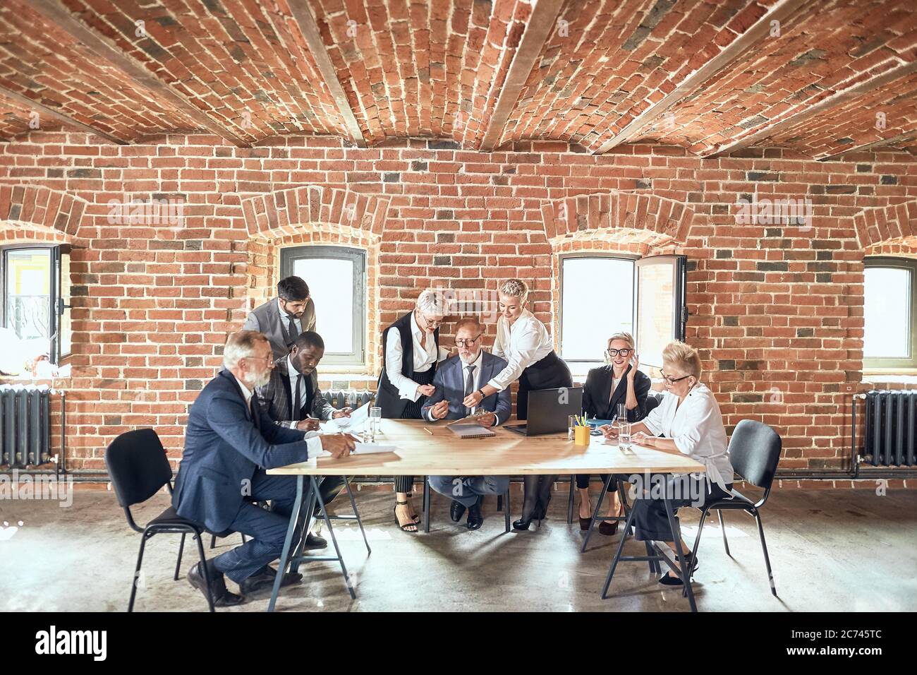 Head of department caucasian blonde man wear blue stylish suit came to ...