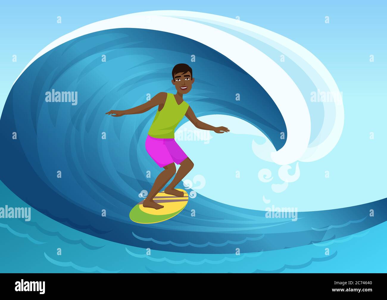 Vector Illustration Of Black Cheerful Man Riding Surfboard In Ocean